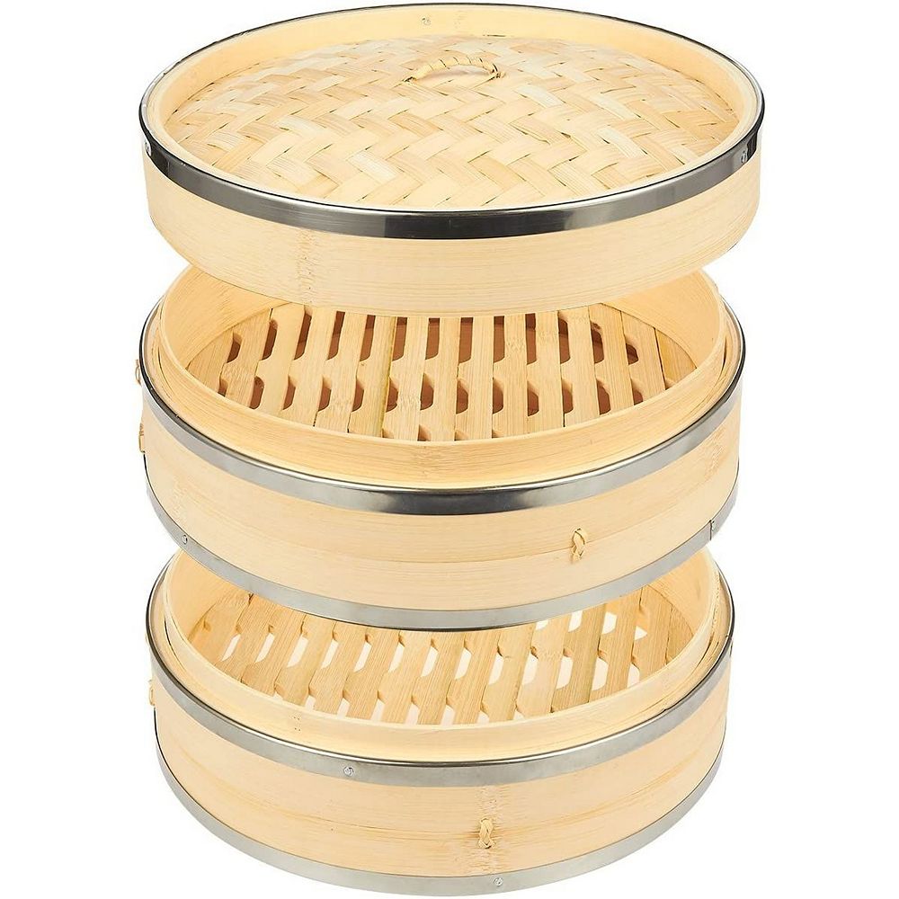 2 Tier Bamboo Steamer Basket 10 Inch for Dim Sum Bao Bun Dumpling Cooking