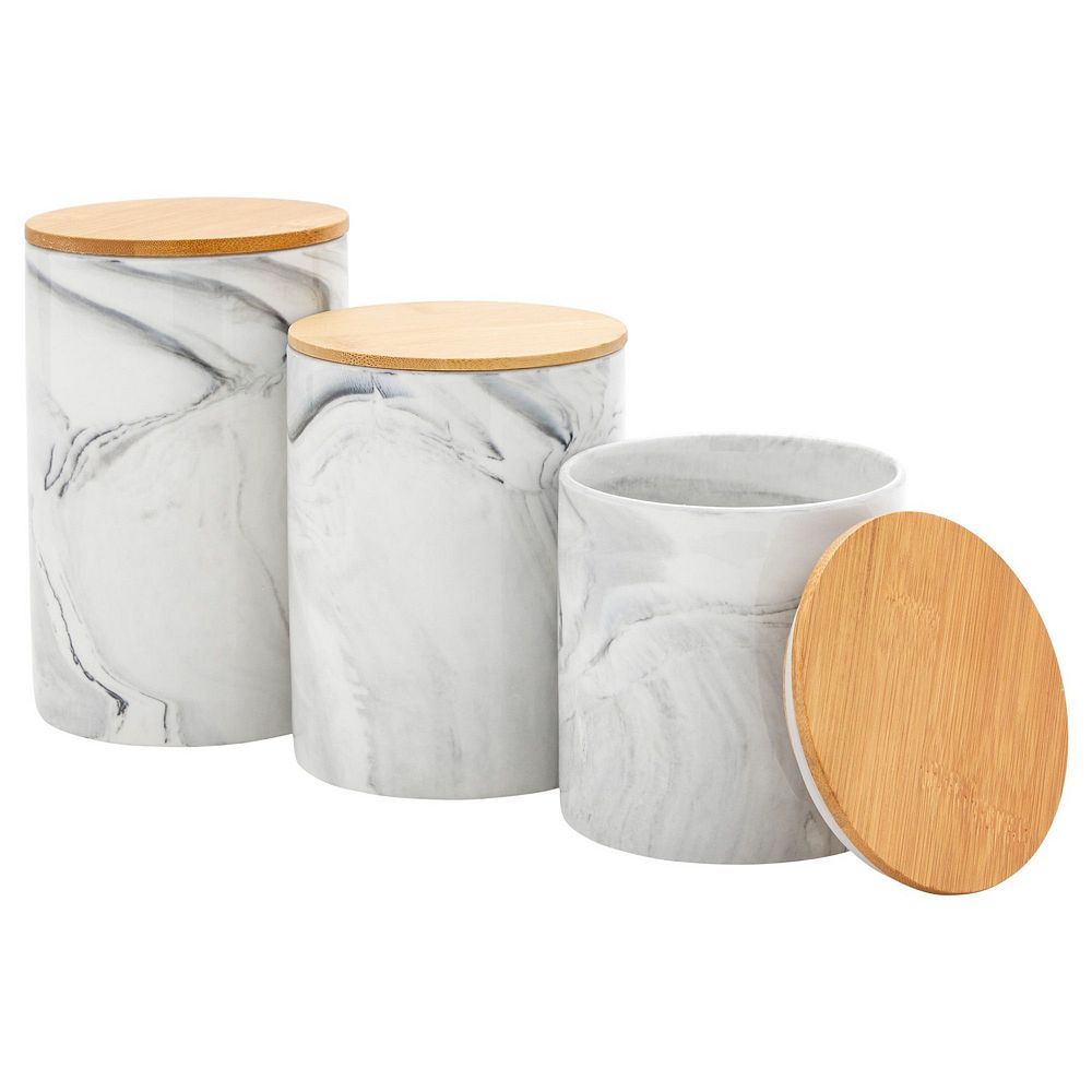 Set Of 3 Marble Ceramic Kitchen Canisters With Wooden Bamboo Lids (3 Sizes)