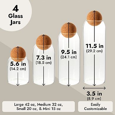 Set of 4 Cork Ball Lid Glass Jars, Tall Food Storage Containers for ...
