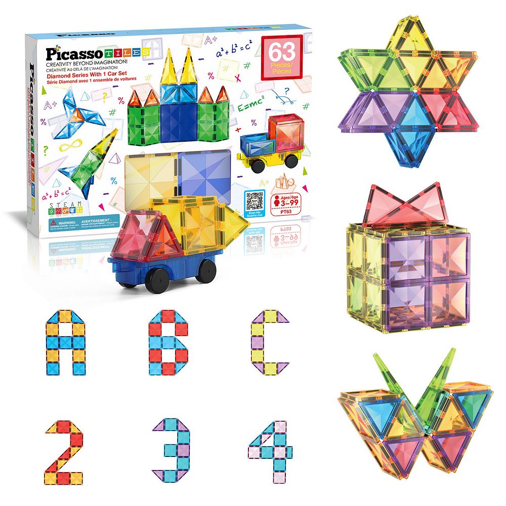 PicassoTiles 63 PC Magnetic Tiles Toy Set, Magnetic Building Blocks for ...