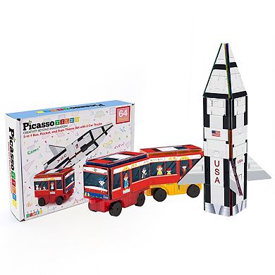 Picassotiles 64 PC, 3-in-1 Rocket, Train, and Bus, Magnetic Tiles ...