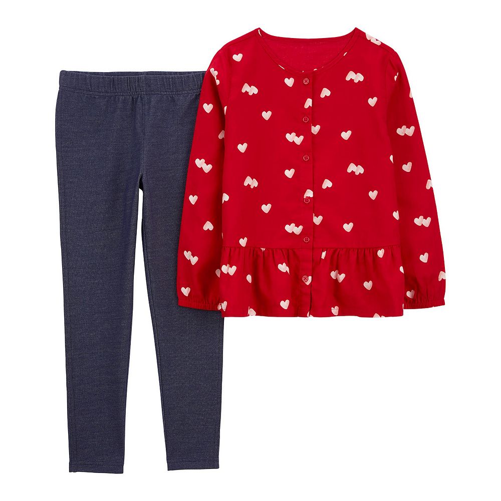 Girls 4-8 Carter's Heart Print Ruffled Top & Denim Leggings Set
