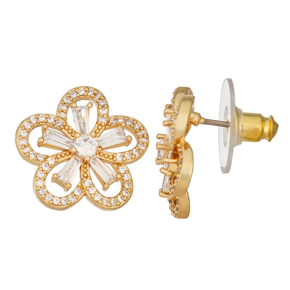 Napier Gold Tone Crystal Open Flower Stud Earrings