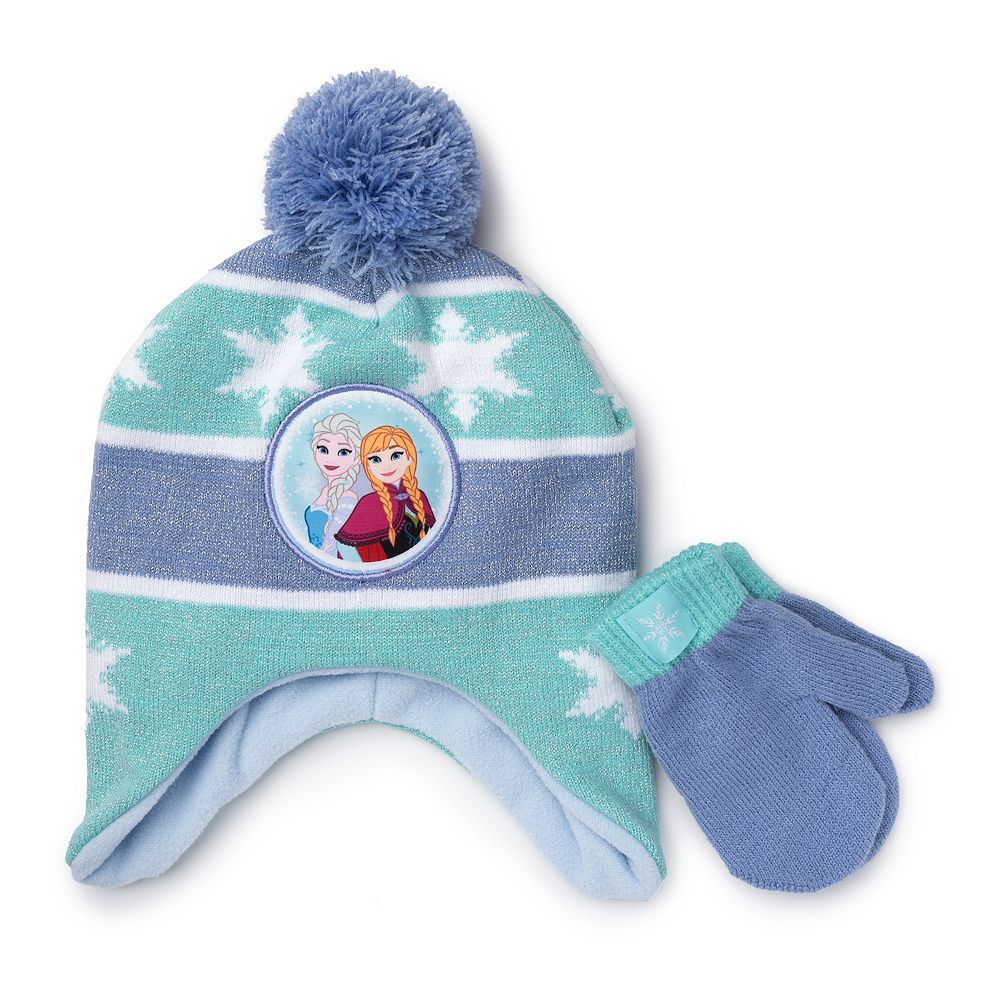 Disney's Frozen Anna & Elsa Knit Earflap Hat & Mittens Set