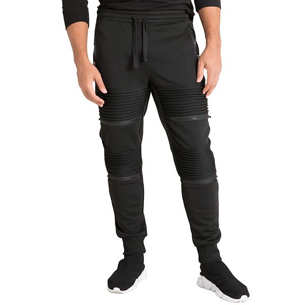 Vibes Men's Fleece Jogger Pants Double Moto Patch & Zipper Knee Trim ...