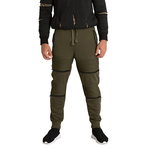 Vibes Men's Fleece Jogger Pants Double Moto Patch & Zipper Knee Trim ...