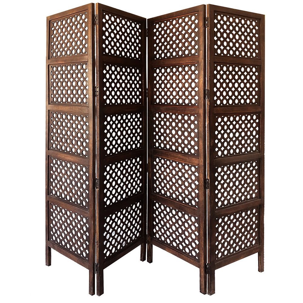 Decorative Four Panel Mango Wood Hinged Room Divider with Circular ...
