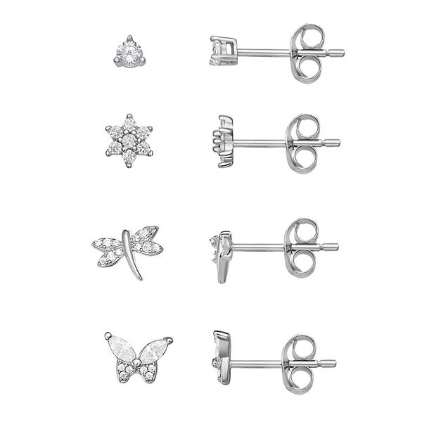 PRIMROSE 4-pair Sterling Silver Cubic Zirconia Flower, Dragonfly, & Butterfly Stud Earring Set