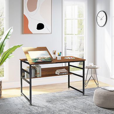 Tiltable Drafting Table Home Office Computer Desk W/ Open Shelf, Walnut