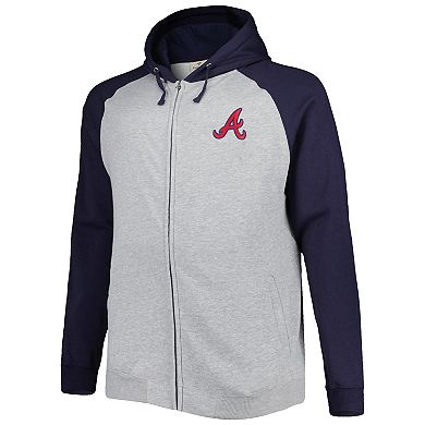 Men's Heather Gray/Navy Atlanta Braves Big & Tall Raglan Hoodie Full-Zip Sweatshirt
