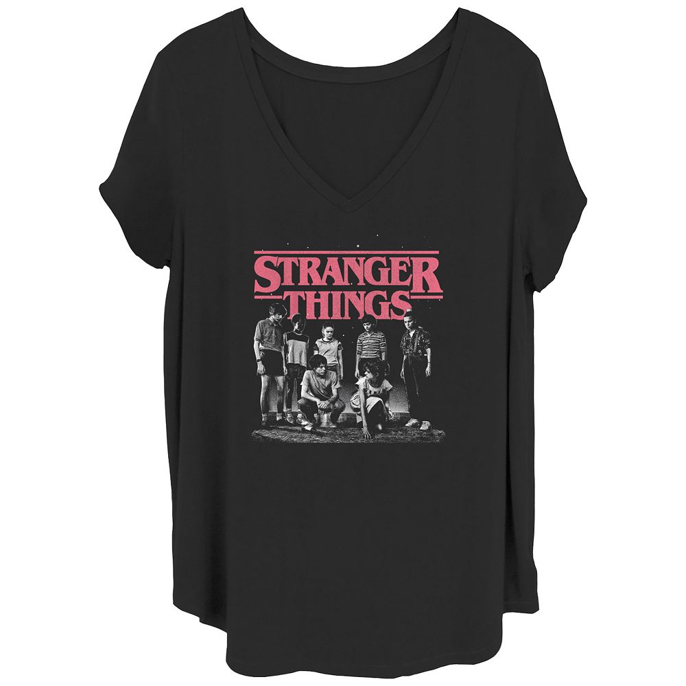 Juniors' Plus Size Stranger Things Faded Cast Poster V-Neck Graphic Tee
