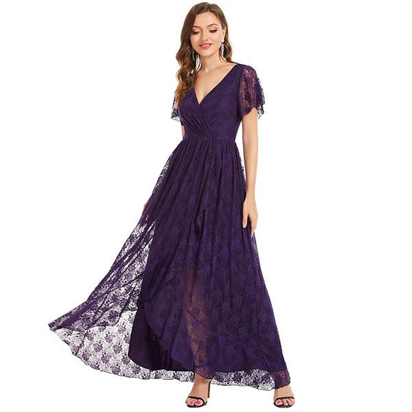 Pleated V Neck Short Sleeve Ruffled Lace Evening Dress