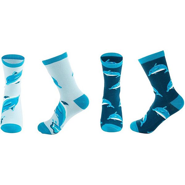 Girls Crew Socks with Dolphin Sea Animal Print (Blue, 2 Pairs)