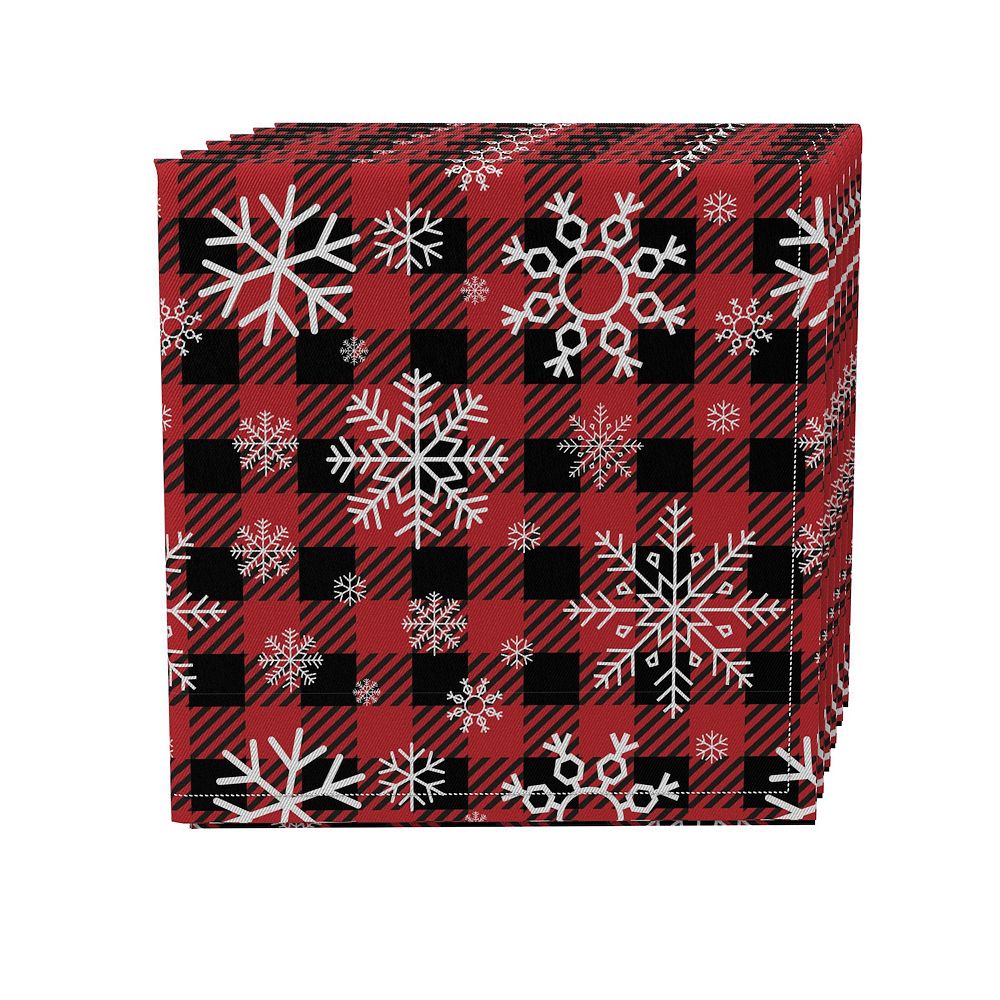 Napkin Set of 4, 100% Cotton, 20x20", Snowflakes on Plaid