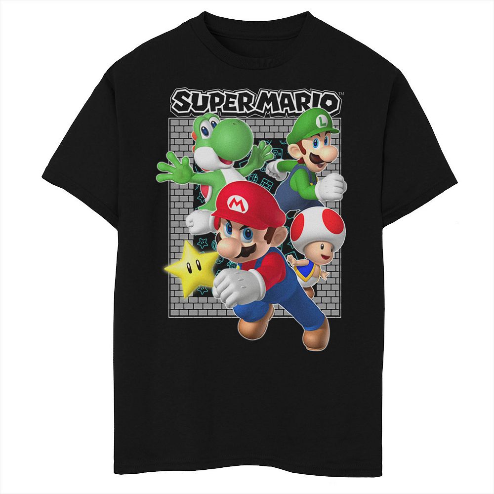 Boys 8-20 Super Mario Group Shot Framed In Brick Tee