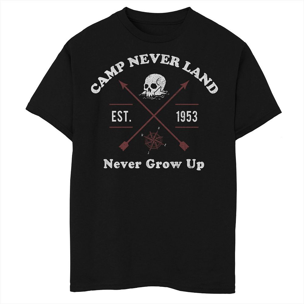 Disney's Peter Pan Boys Camp Never Land Never Grow Up Logo Tee
