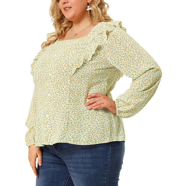 Women's Plus Size Blouses Long Sleeve Square Neck Ditsy Ruffle Floral Tops