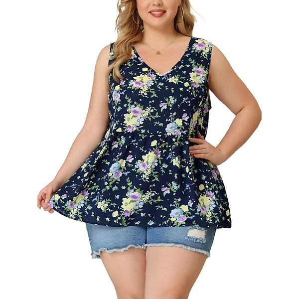 Womens Plus Size Tops V Neck Sleeveless Flare Floral Blouses