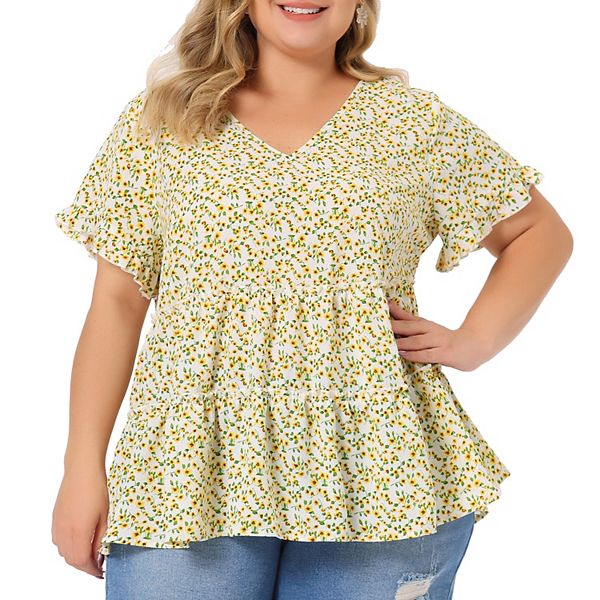 Plus Size Tops for Women Floral Print V Neck Ruffle Sleeve Tiered Babydoll Blouses