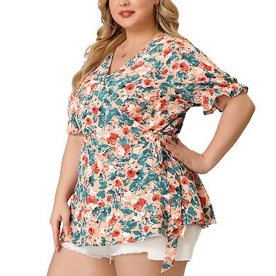 Women's Plus Size Tops Floral Wrap Ruffle Short Sleeve Tops Summer Blouses