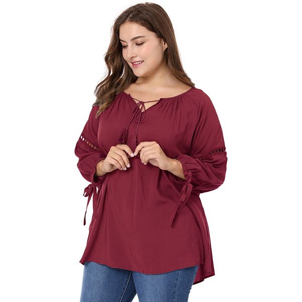 Women's Plus Size Fall Fashion Long Sleeves Tie Neck Blouse