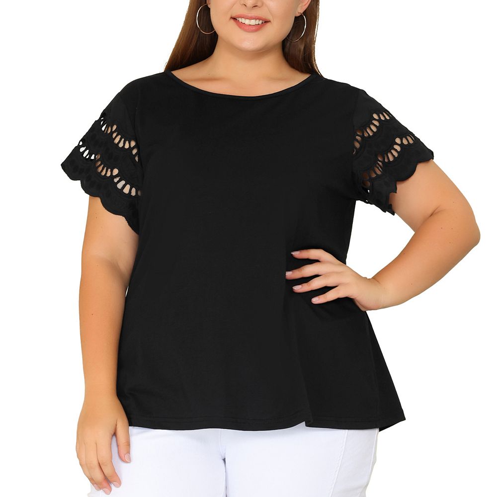 Women's Plus Size Lace Panel Cut-out Short Sleeve Crew Neck Casual Blouses