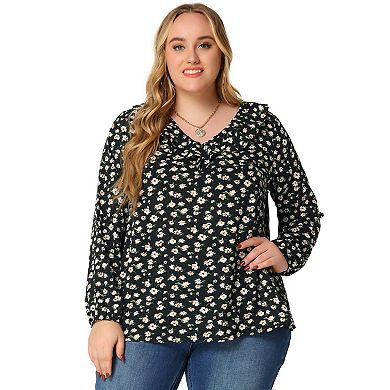 Women's Plus Size Elegant Ruffle V Neck Long Sleeves Floral Blouse