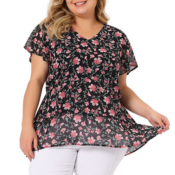 Women's Plus Size Floral Print V Neck Bell Sleeve Tiered Peplum Blouses