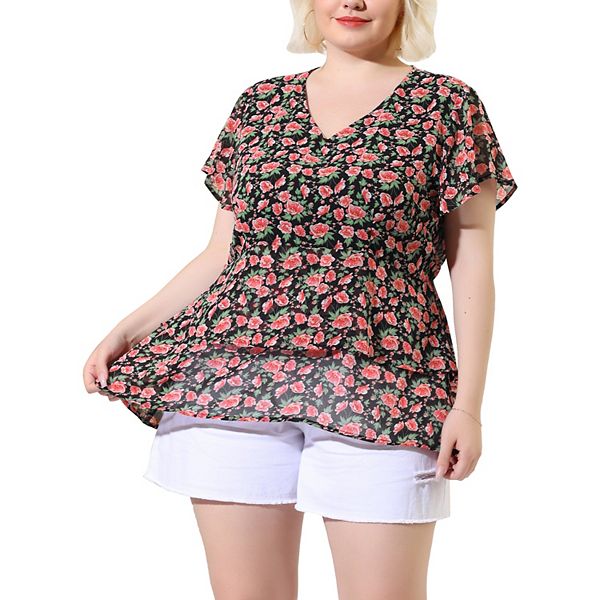 Women's Plus Size Floral Print V Neck Bell Sleeve Tiered Peplum Blouses