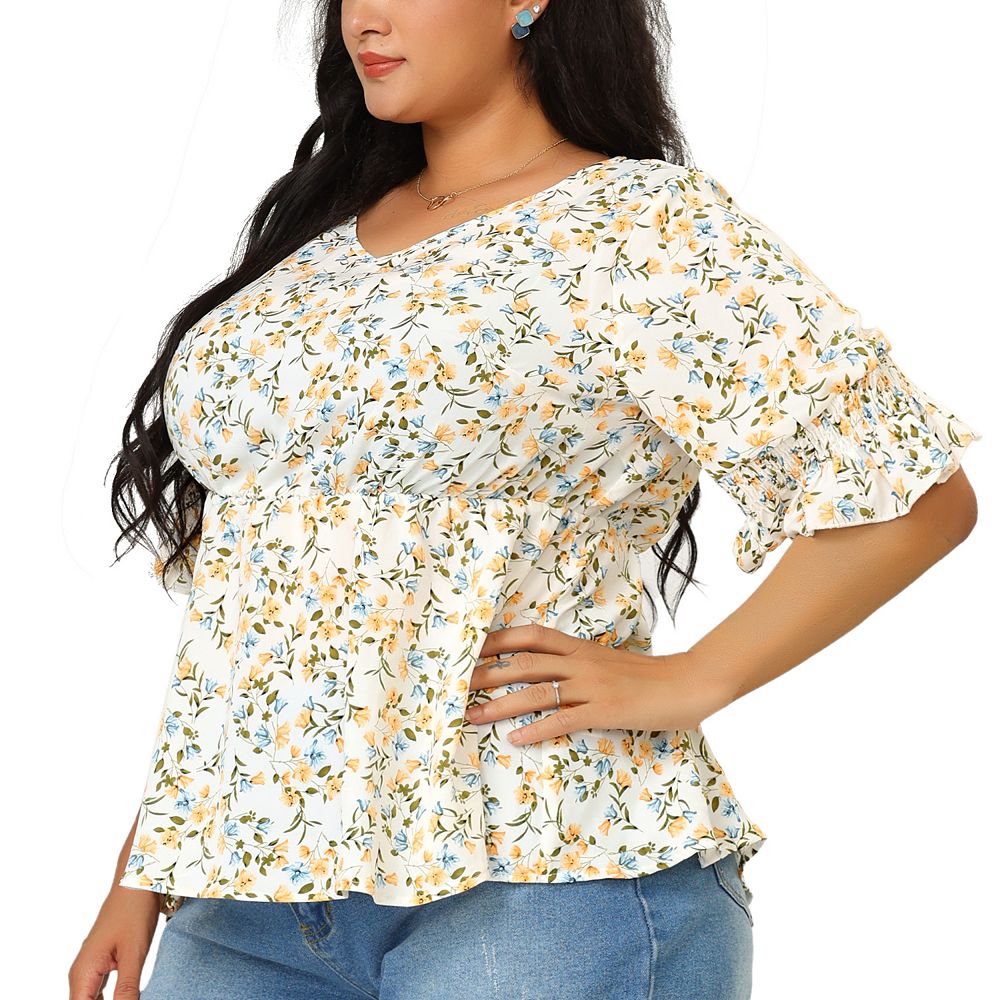 Women's Plus Size Floral Ruffle Smock Sleeve V Neck Peplum Blouse