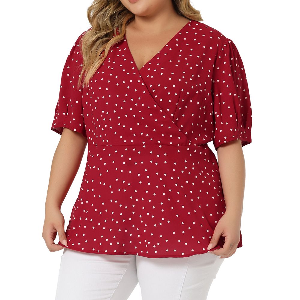 Women's Plus Size Polka Dots V Neck Short Sleeve Peplum Wrap Top Blouse