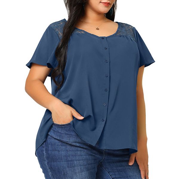 Women's Plus Size V Neck Full Placket Lace Panel Flare Short Sleeve ...