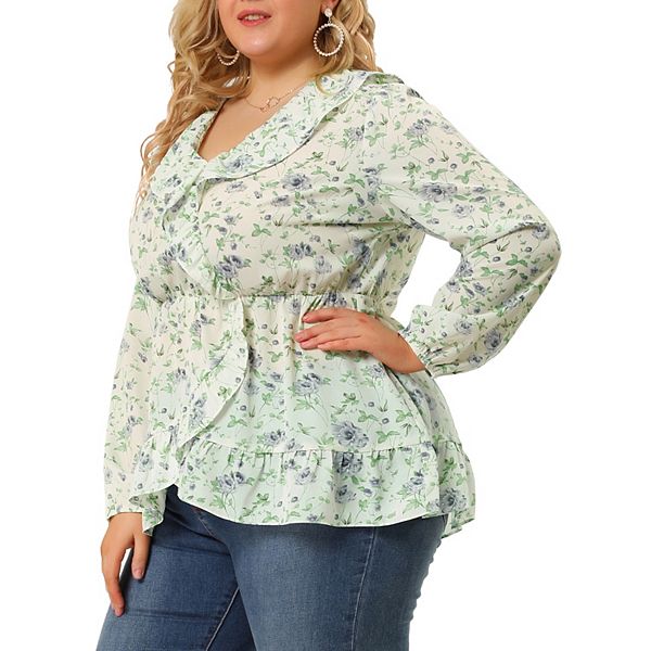Women's Plus Tops Ruffle V Neck Chiffon Floral Blouses