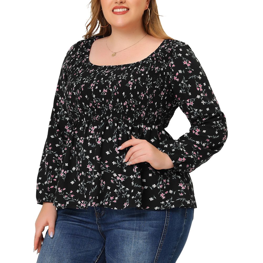 Women's Plus Size Square Neck Smock Waist Floral Peplum Blouse