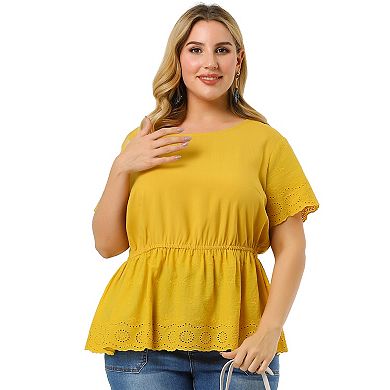 Women's Plus Size Plain Retro Elastic Waist Short Sleeve Peplum Tops