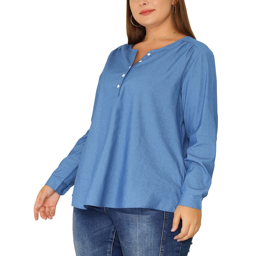 Women's Plus Size Long Sleeves Half Placket Pleated Denim Blouse
