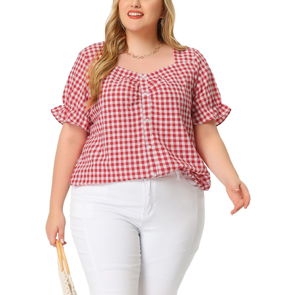 Women's Plus Size Summer Gingham Tops Sweetheart Neck Flounce Sleeve ...