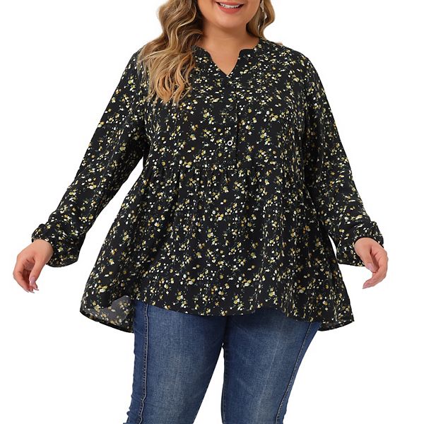 Women's Plus Size Floral V Neck Half Placket Casual Chiffon Blouse