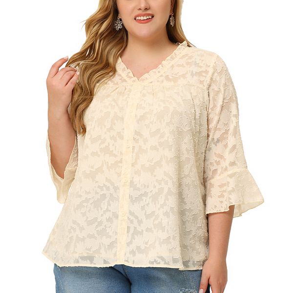 Womens Plus Size Top 3 4 Flare Sleeve V Neck Semi Sheer Blouses