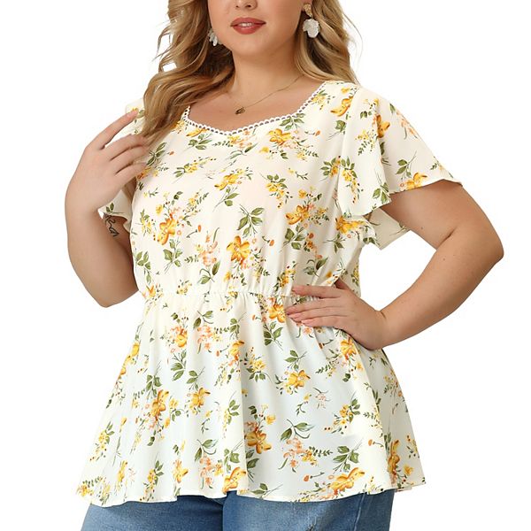 Women's Plus Floral Blouse Flare Sleeve Sweetheart Neck Elastic Waist ...