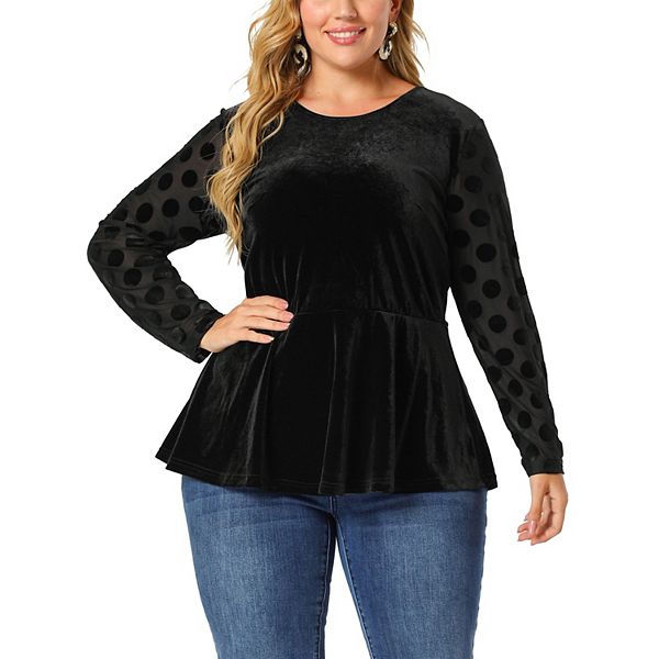Women's Plus Size Winter Peplum Polka dots Sheer Velvet Blouse