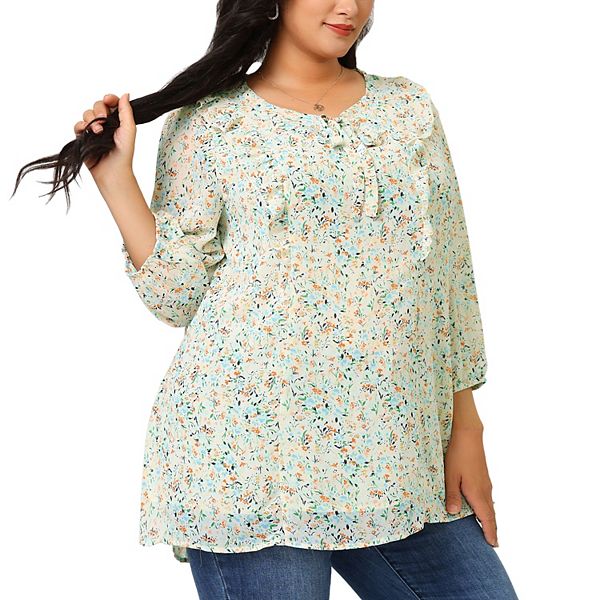 Women's Plus Chiffon Top Short Sleeve Floral Tie Neck Tops