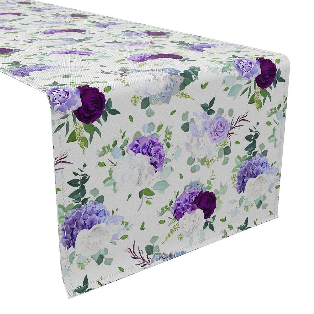Table Runner, 100% Cotton, 16x72", Purple & White Hydrangeas