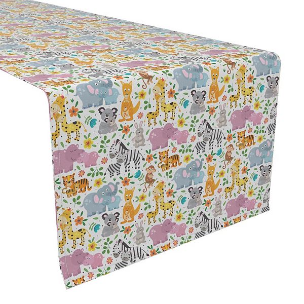 Table Runner, 100% Cotton, 16x90", Wild Life Cartoon Animals
