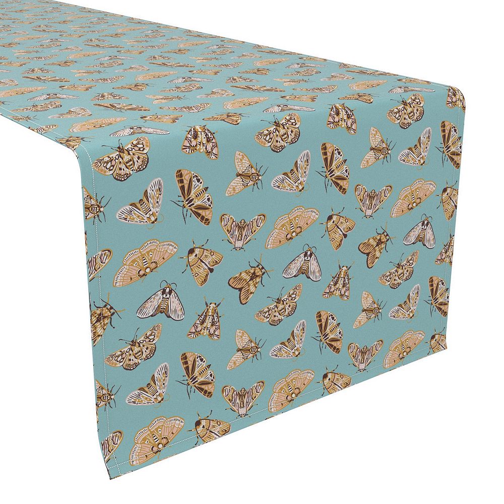 Table Runner, 100% Cotton, 16x90", Moths on Blue Background