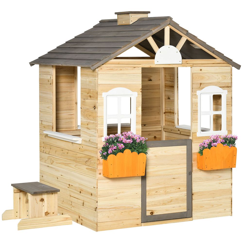 Outsunny Wooden Playhouse for Kids Outdoor Garden Pretend Play Games ...