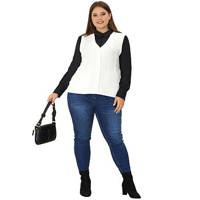 Plus Size Cable Knit Sweater Vest for Women Button Sleeveless Pocket ...