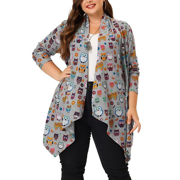 Women's Plus Size Owl Printed Open Front Fall Cardigan