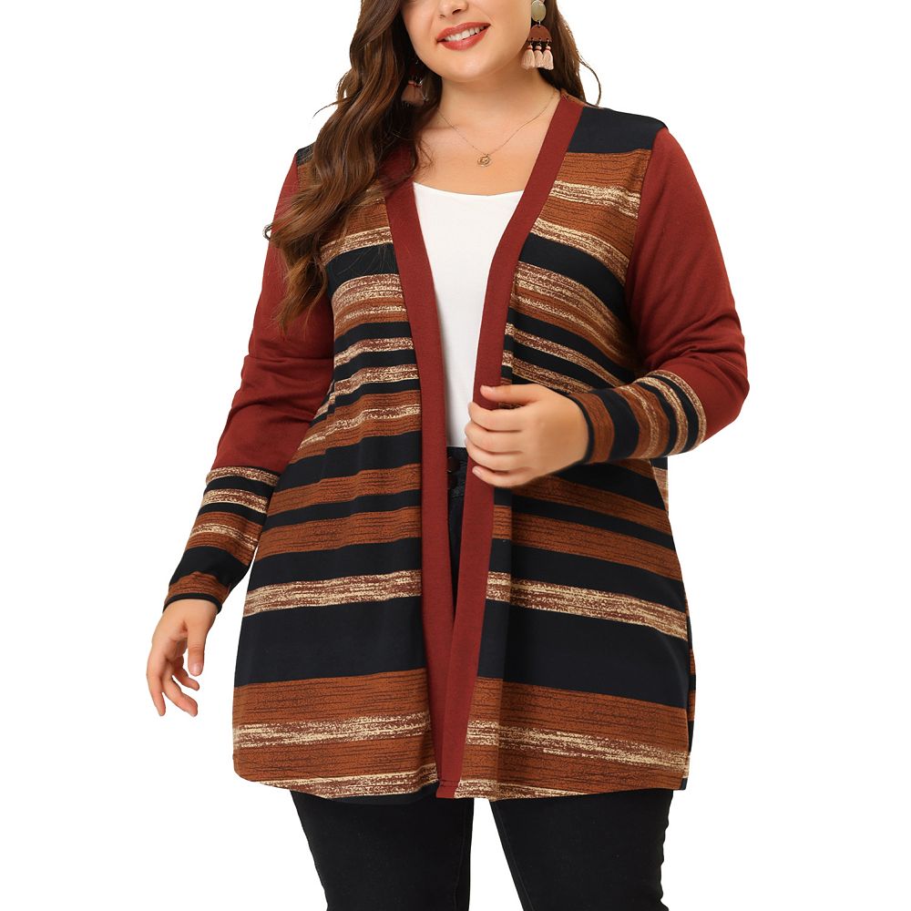Women's Plus Size Long Sleeves Open Front Striped Fall Cardigan