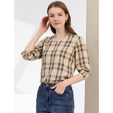 Women's Check Tops V Neck Blouses Summer 3/4 Sleeves Work Plaid Shirt